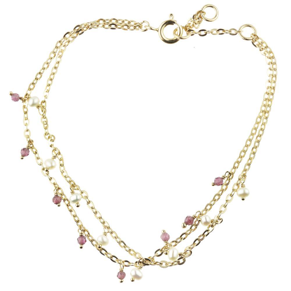 Gold Garnet & Pearl Double Gem Chain Bracelet - Default Title - ZuZu Jewellery